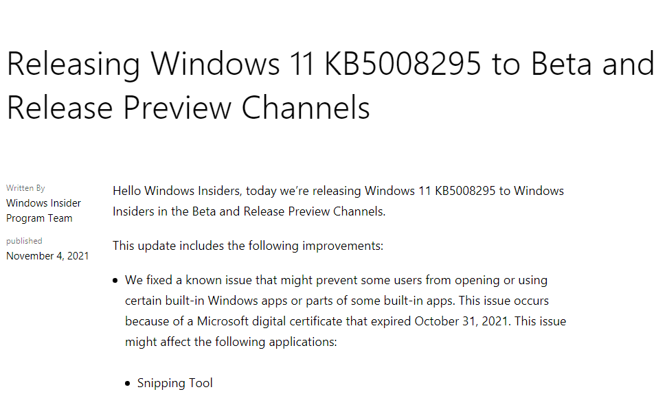 KB5008295 Windows 11要修复剪切工具，不在RP和Beta频道上打开
