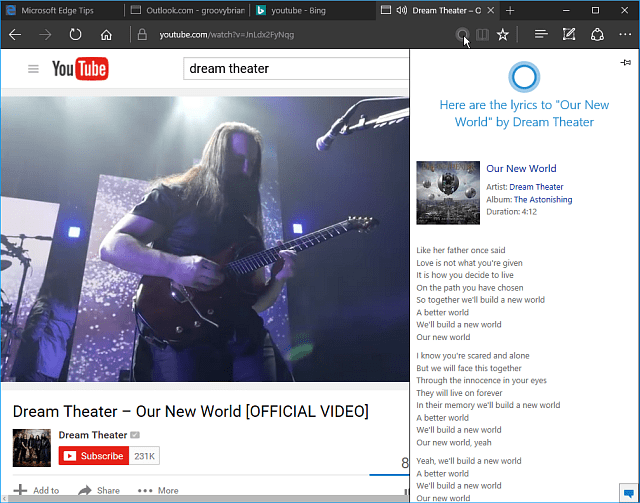 讓 Cortana 在 Edge 中顯示 YouTube 音樂視頻歌詞 - 数字指南