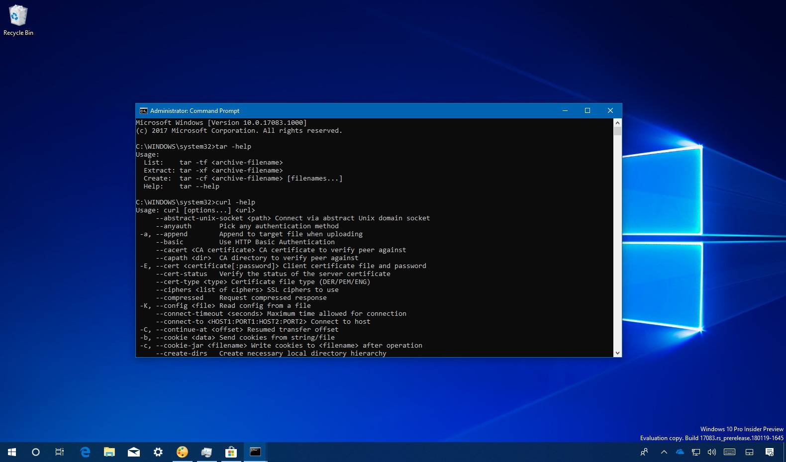 Tar 和curl 支援現在在 Windows 10 上原生可用