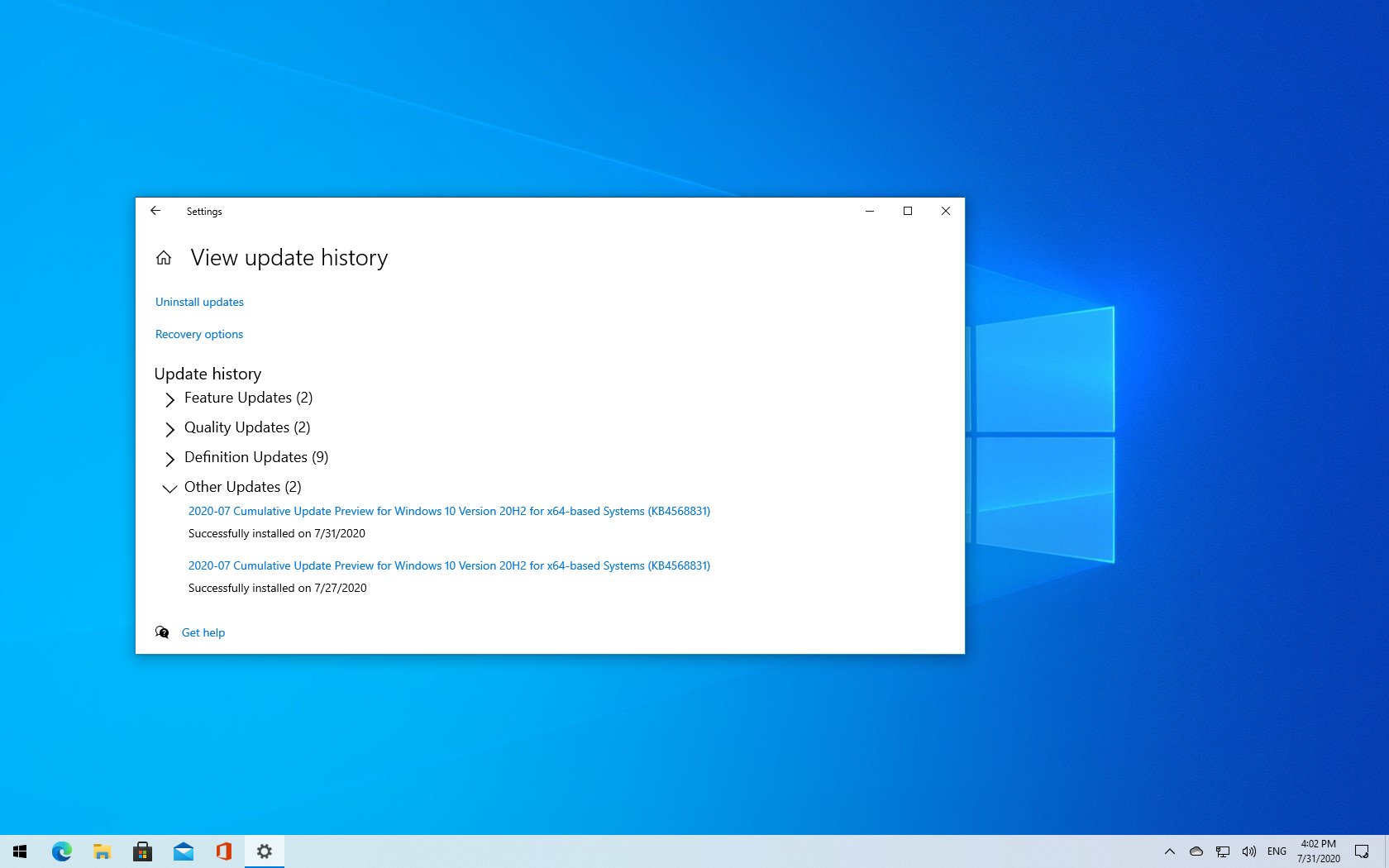 Windows 10 20H2 build 19042.423 在 Beta 頻道中發布